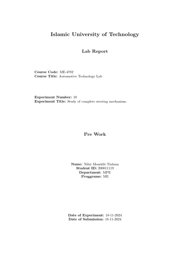 Lab Report 10 Pre Corrected | PDF | Steering | Gear