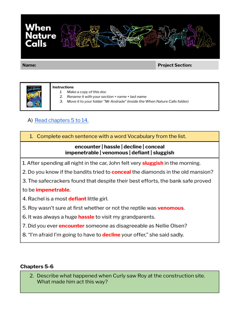 AK Hoot Chapters 5 To 14 | PDF | Language Arts & Discipline