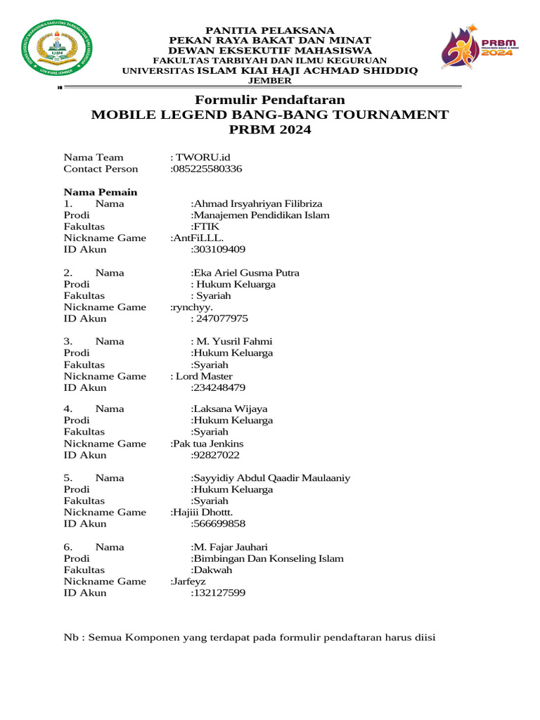 Formulir Tim MLBB | PDF