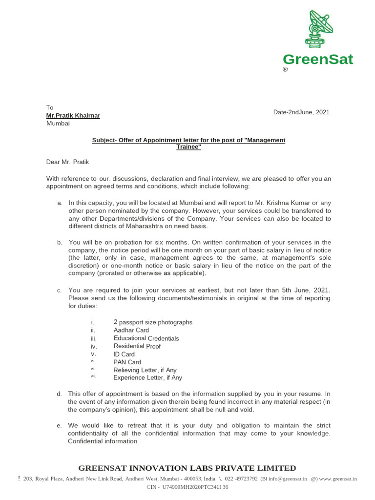Appointment Letter | PDF | Confidentiality | Information