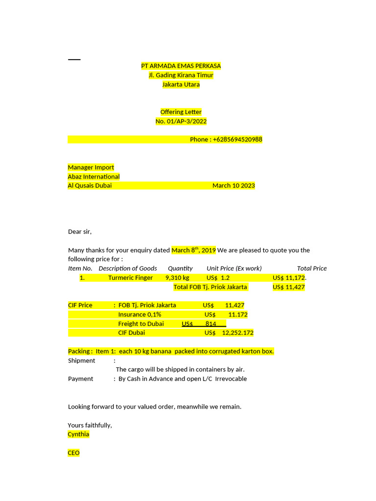 Contoh Surat Offersheet-Quotation Lettertumeric | PDF