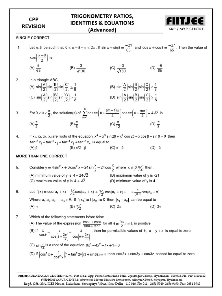 TRIGONOMETRY RATIOS, IDENTITIES & EQs - Adv CPP | PDF | Trigonometry ...