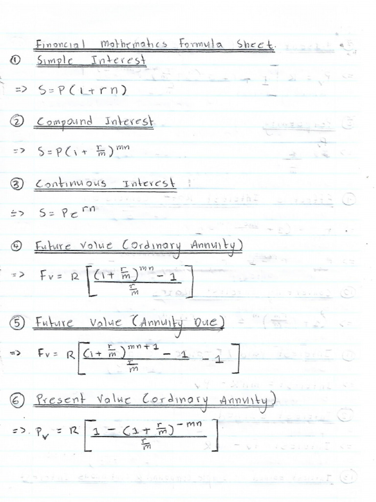 Financial Mathematics Formulas and Notes | PDF