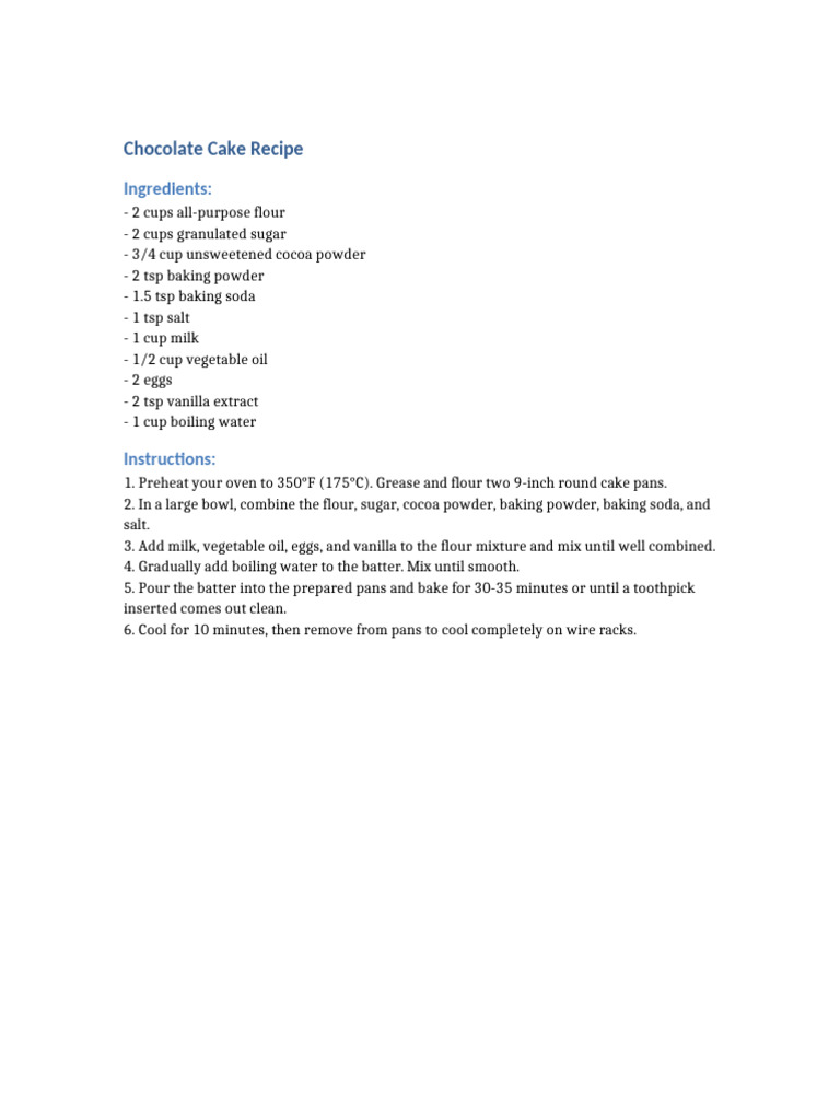 Chocolate Cake Recipe | PDF
