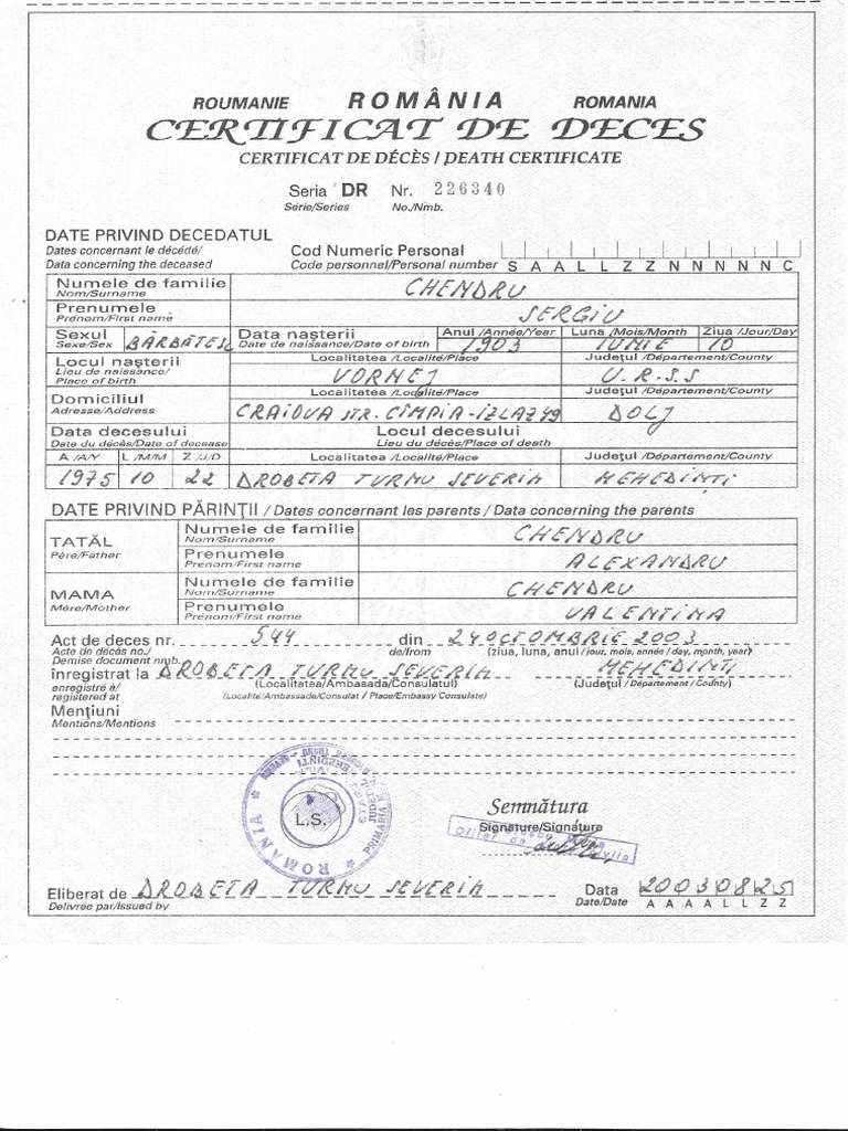Certificat Deces Chendru Sergiu | PDF