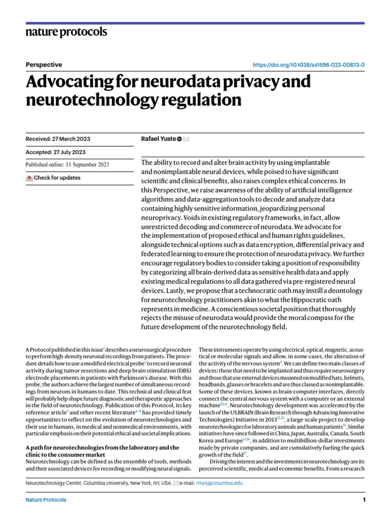 Advocating For Neurodata Privacy and Neurotechnology Regulation | PDF | Privacy | Neuroscience