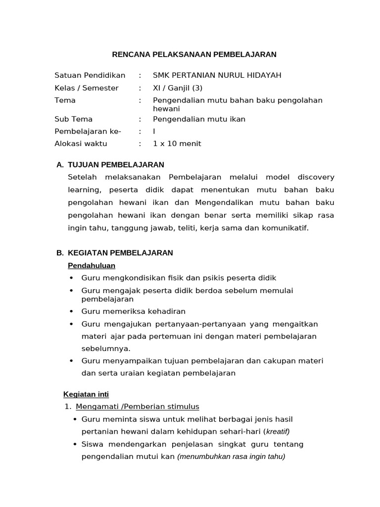 RPP Pengendalian Mutu Ikan Kelas Xi Aphp | PDF