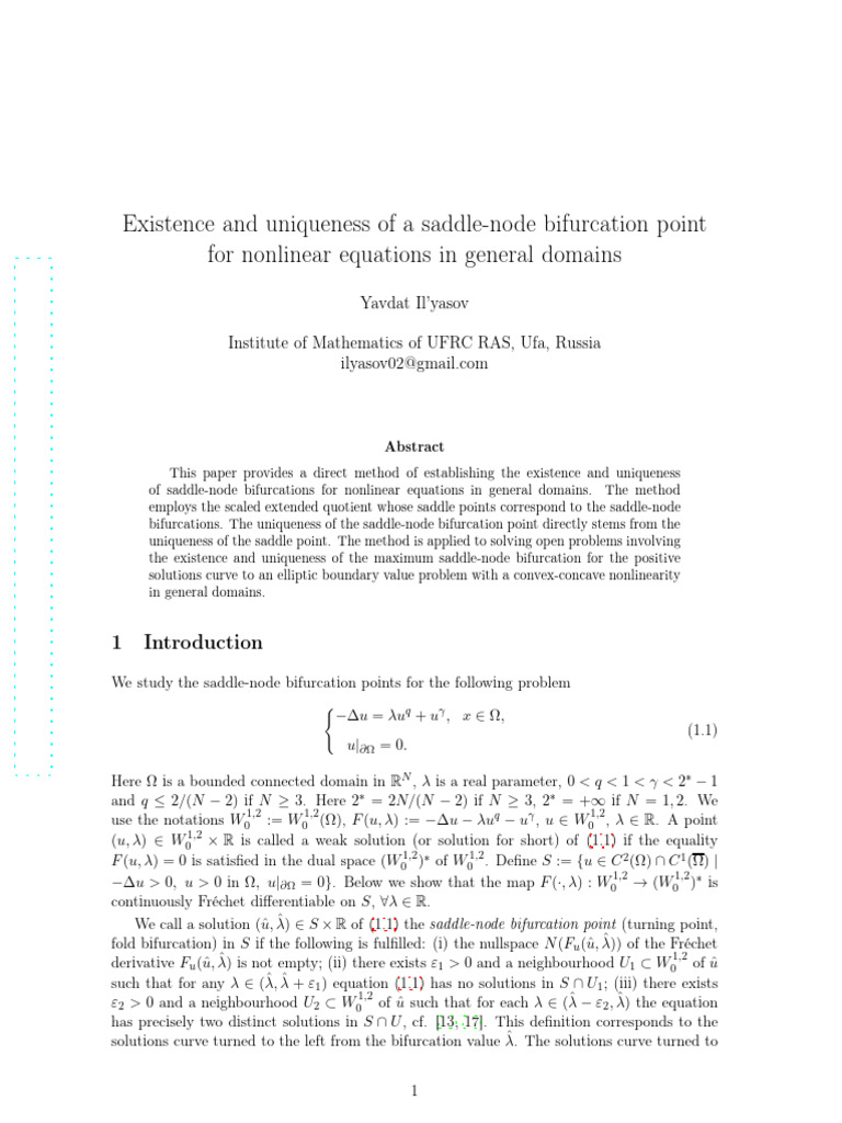 Yavdat - Existence and Uniqueness of A Saddle-Node Bifurcation Point | PDF | Partial ...