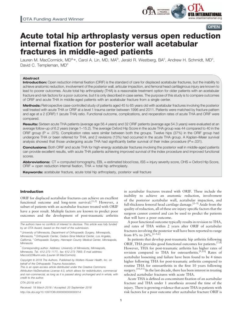 Acute Total Hip Arthroplasty Versus Open Reduction.4 | PDF | Surgery ...