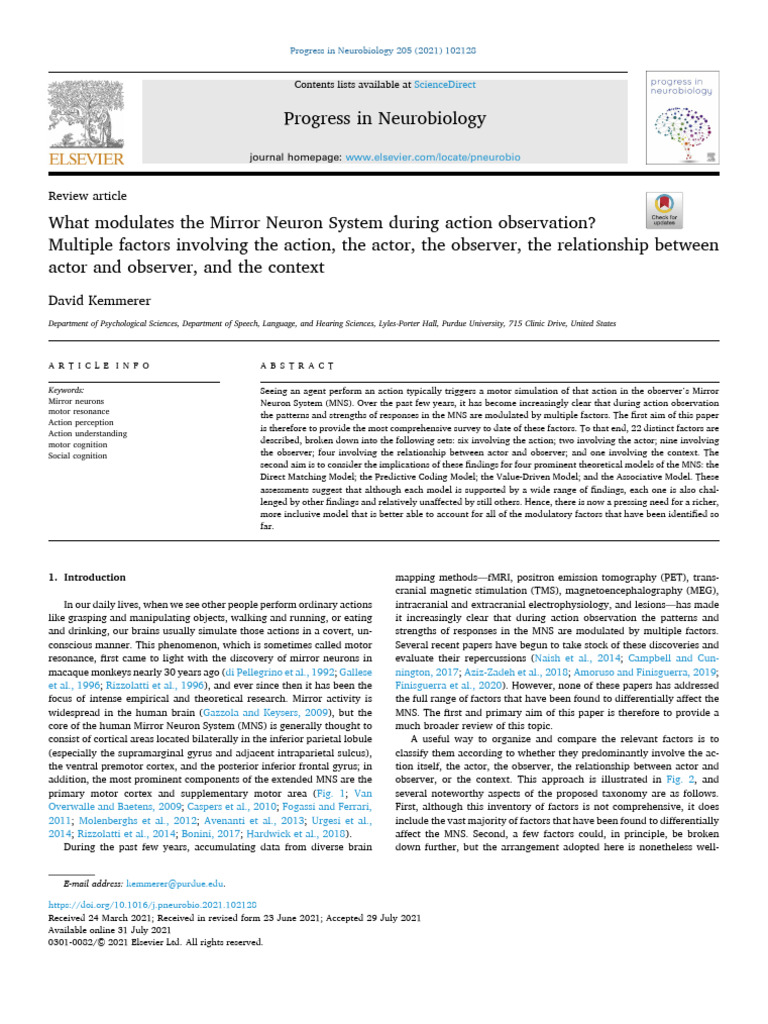 Factors Modulating Mirror Neuron System | PDF | Neuroscience | Brain