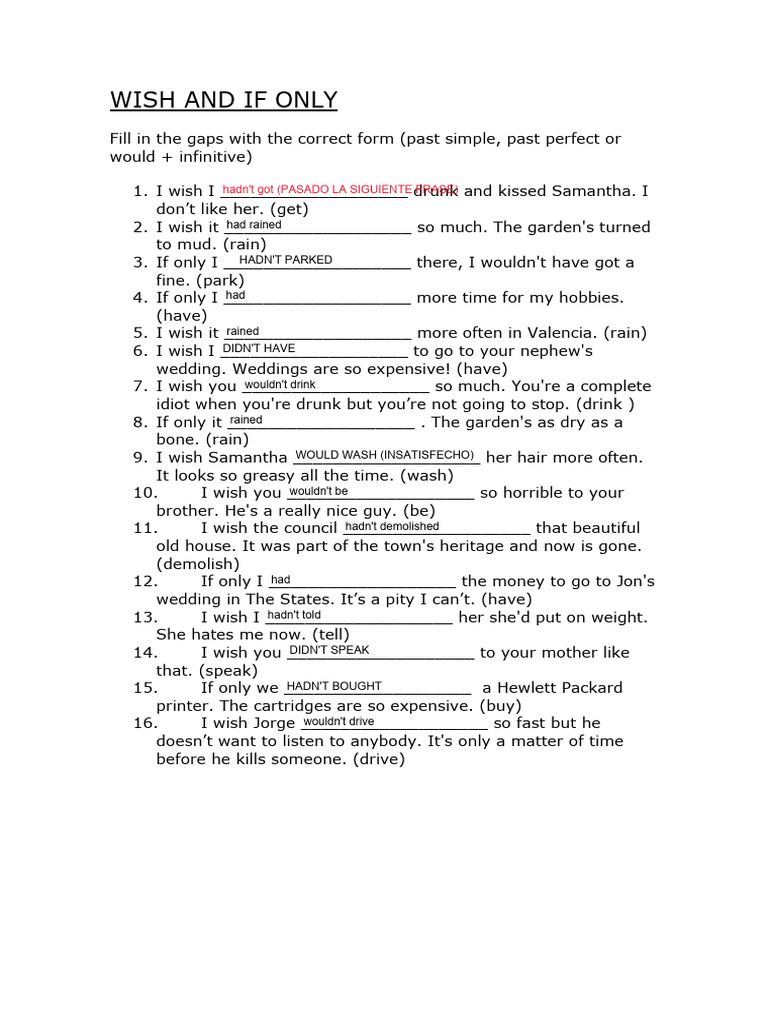 WISH AND IF ONLY Exercises With Answers | PDF