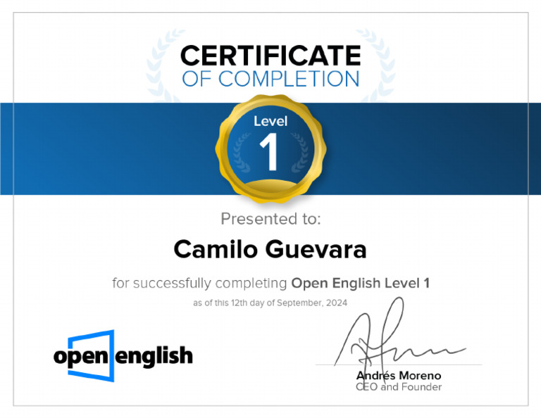 Certificate - Level1 Open English | PDF