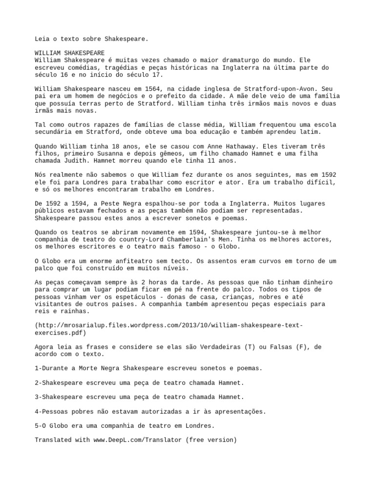 DeepL - En-Pt - (Leia o Texto Sobre Shakespeare - ) . | PDF | William ...