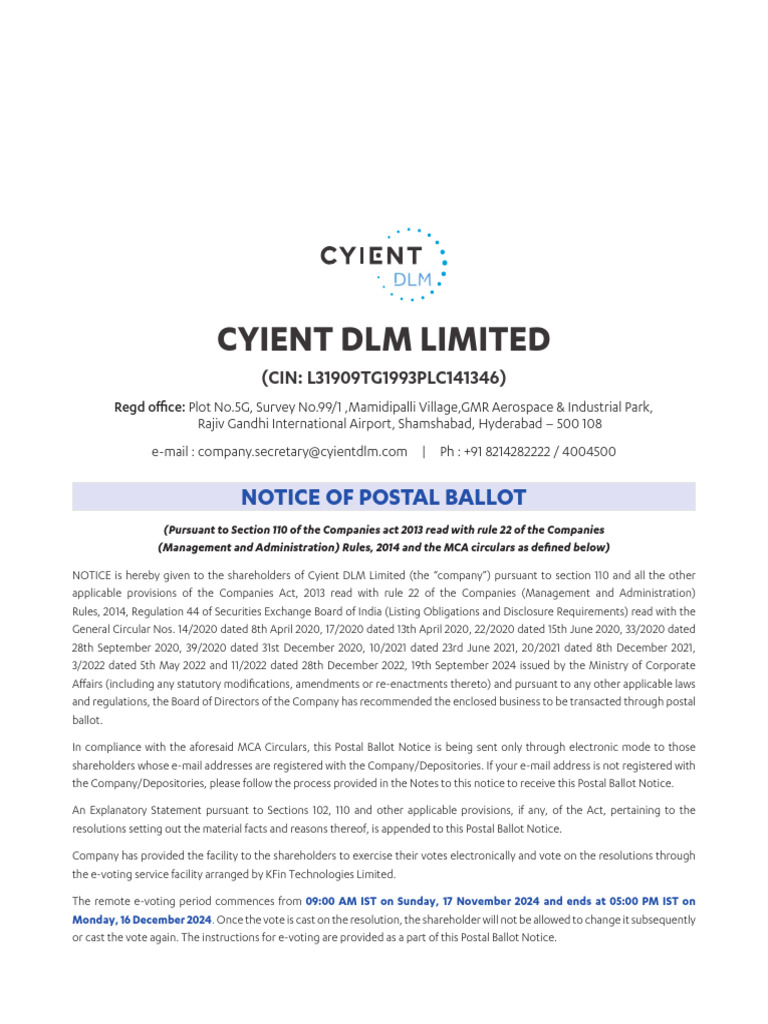 Cyient DLM Limited Postal Ballot Notice | PDF | Electronic Voting | Login