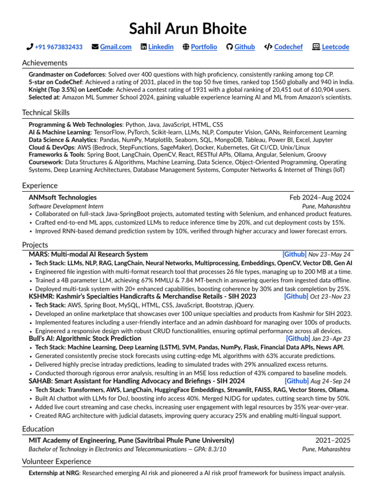 0.5 YOE SDE Sahil Bhoite | PDF | Artificial Intelligence | Intelligence ...