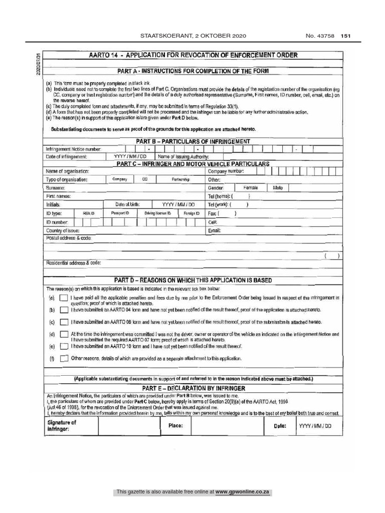 AARTO 14 Revocation Application Form | PDF
