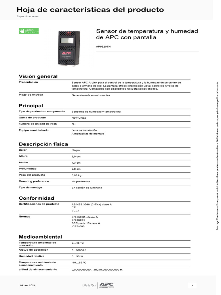 Sensor APC AP9520TH: Temp. y Humedad | PDF