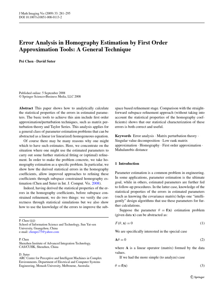 Error Analysis in Homography Estimation by First Order | PDF | Matrix ...