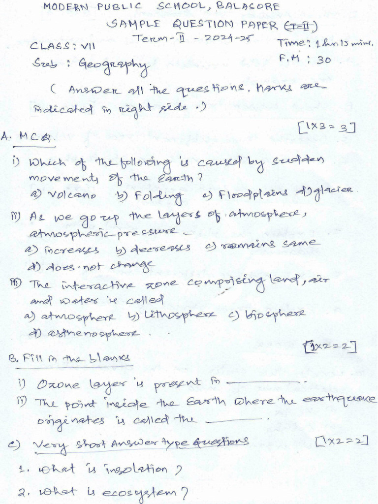 VII - Geography Sample Question Paper | PDF
