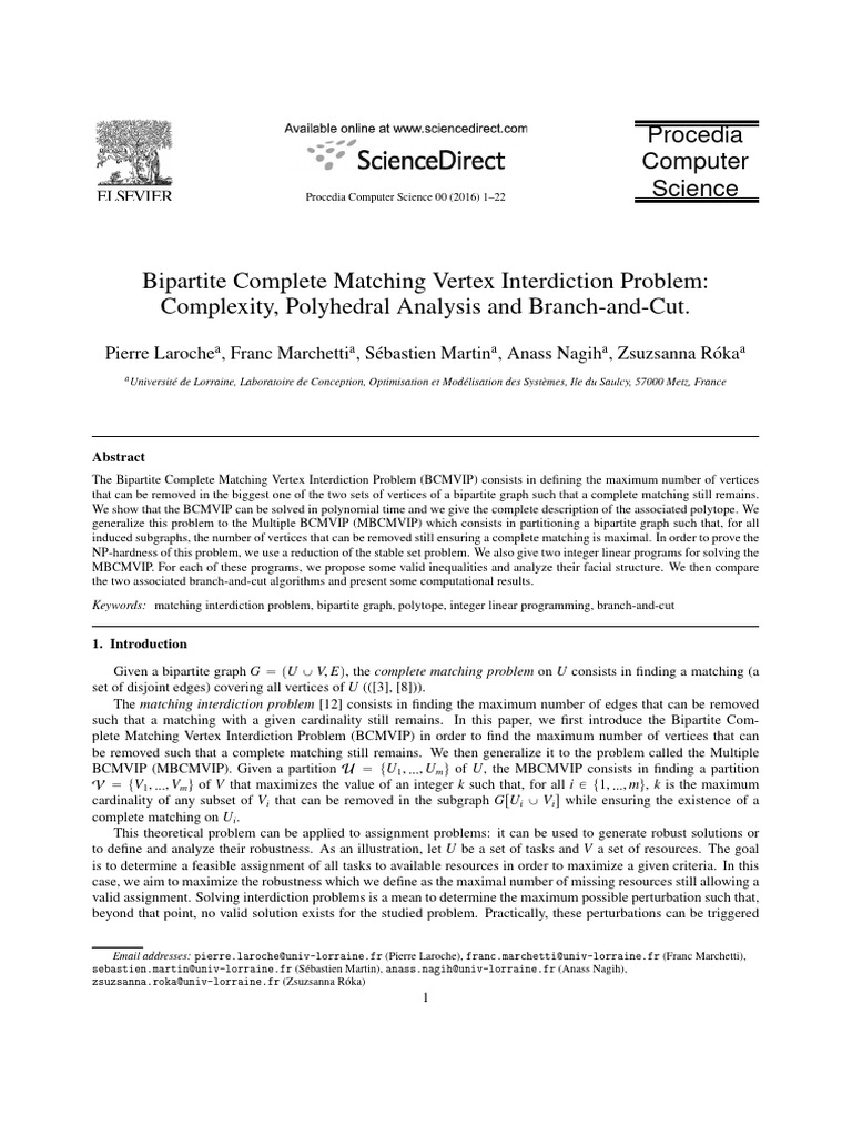 Bipartite Complete Matching Vertex Interdiction Problem | PDF | Linear Programming | Vertex ...