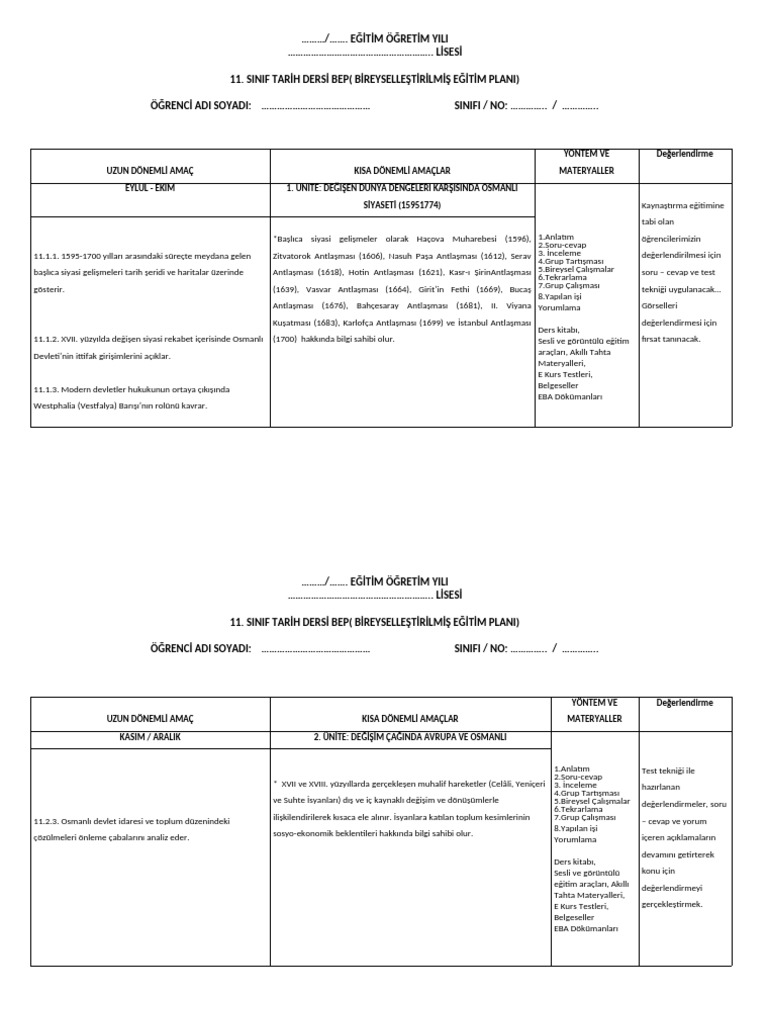 11.Sinif-Tarih-BEP-Plani | PDF