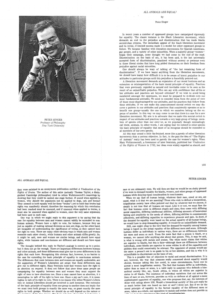 Singer Peter All Animals Are Equal Original | PDF | Utilitarianism ...