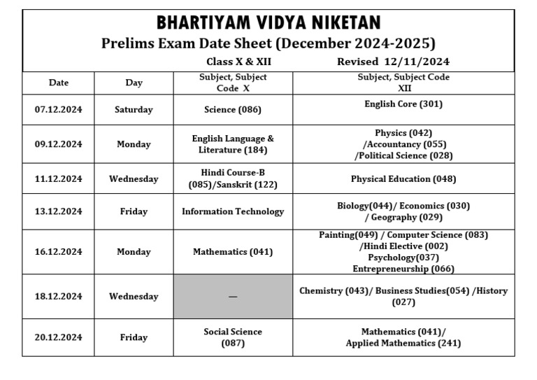 Revised Time Table Pre-Board (2024) | PDF