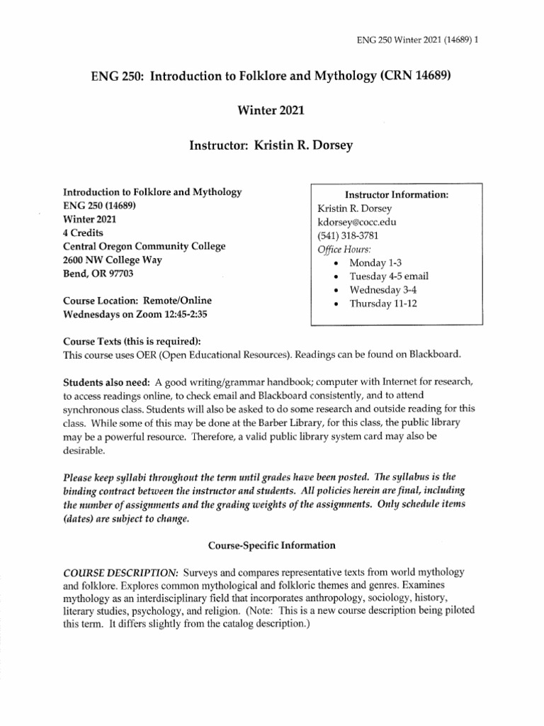 Dorsey Folklore Myth Syllabus | PDF