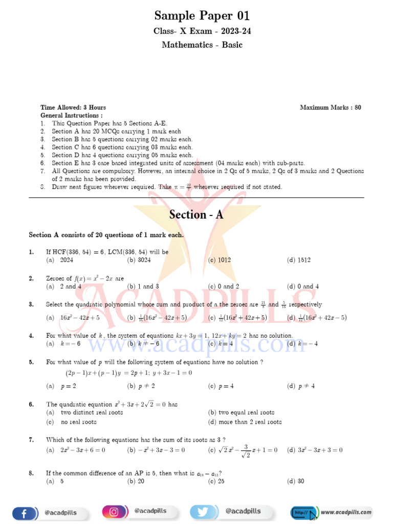 Mathematics - Basic SQP-01 2024 | PDF | Area | Circle