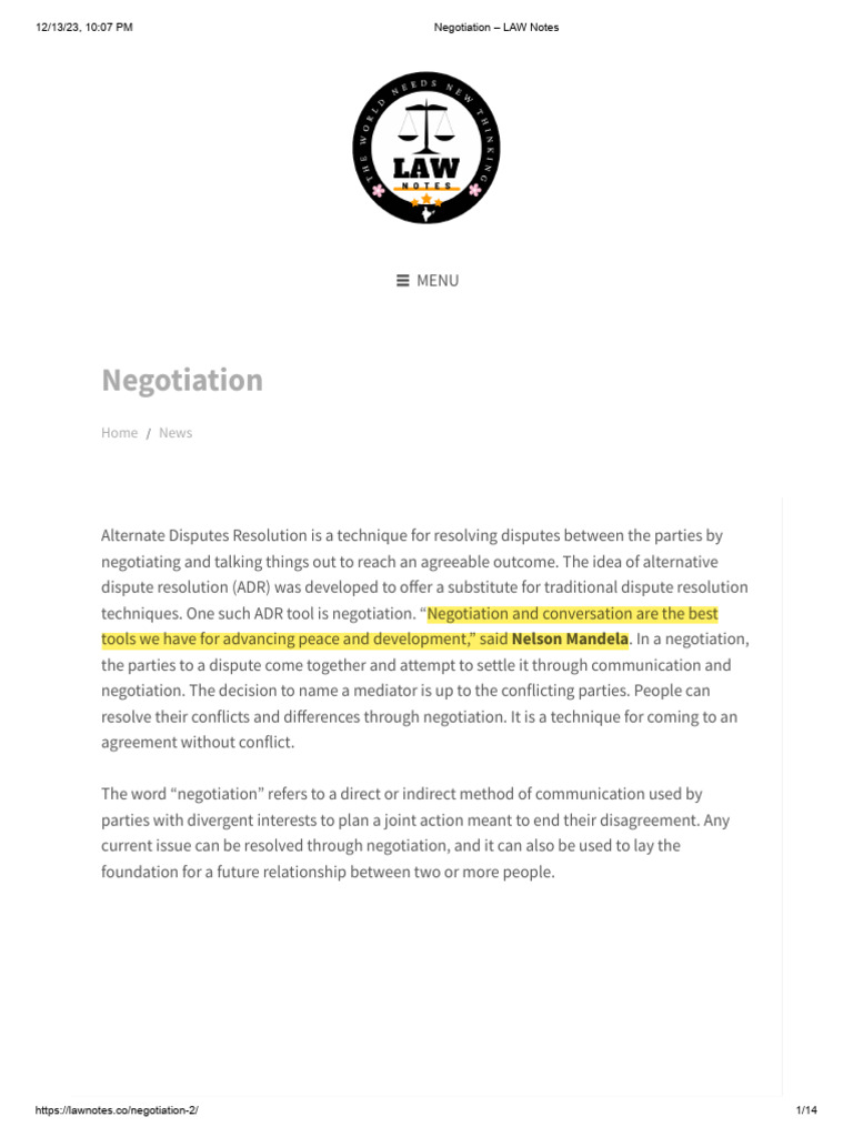 Negotiation - LAW Notes | PDF | Negotiation | Alternative Dispute ...