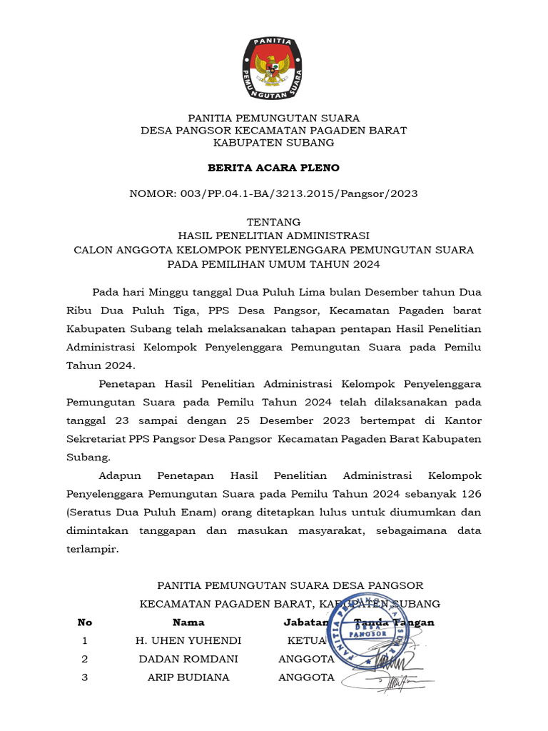 Berita Acara PPS Hasil Penelitian Administrasi KPPS Desa Pangsor | PDF