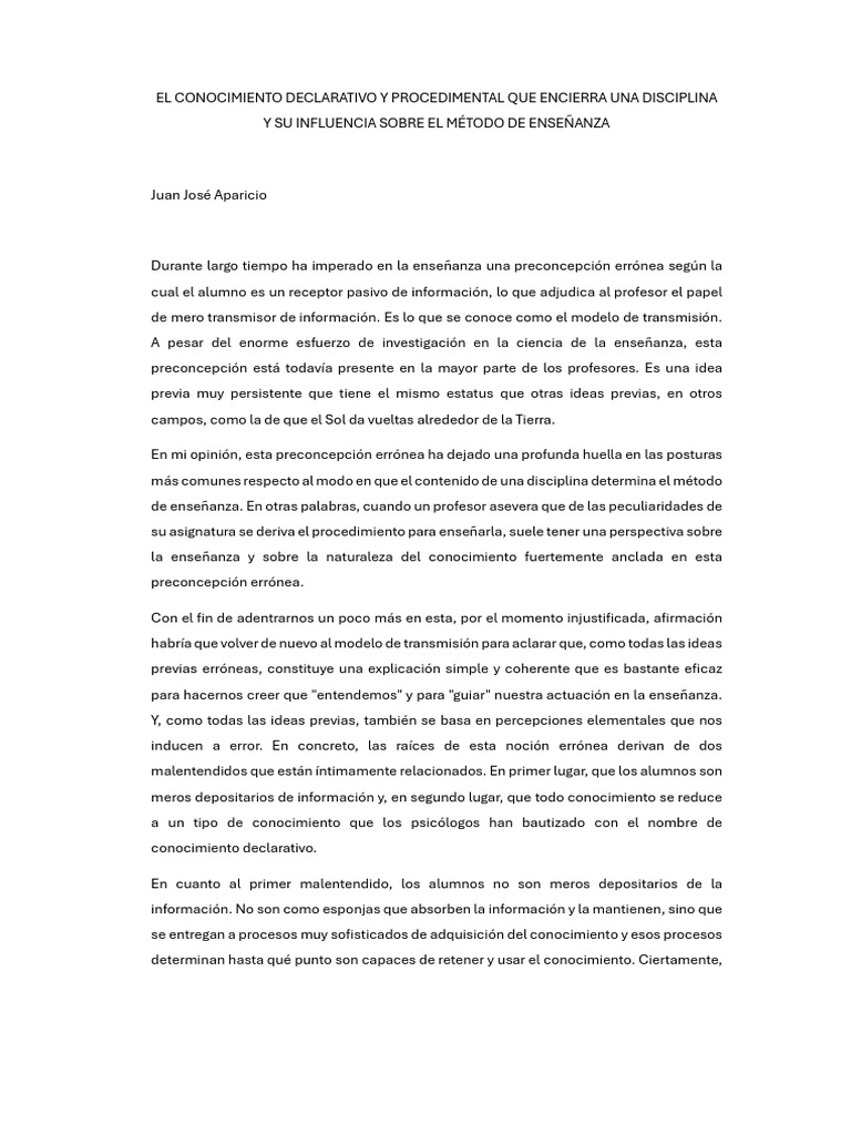 Aparicio El Conocimiento Declarativo y Procedimental Que Encierra Una ...