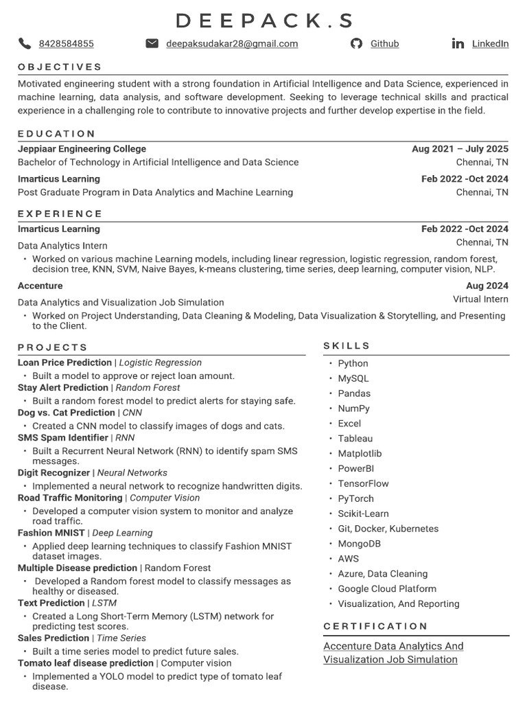 Resume-Deepack | PDF | Deep Learning | Machine Learning