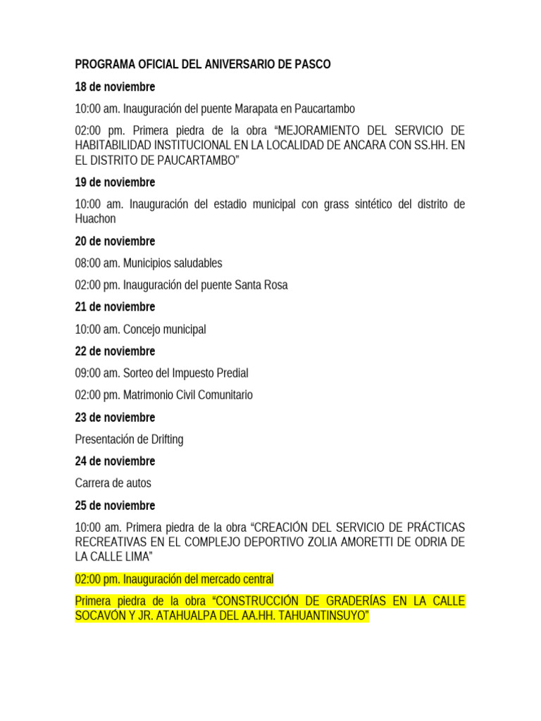 Programa Oficial Del Aniversario de Pasco | PDF
