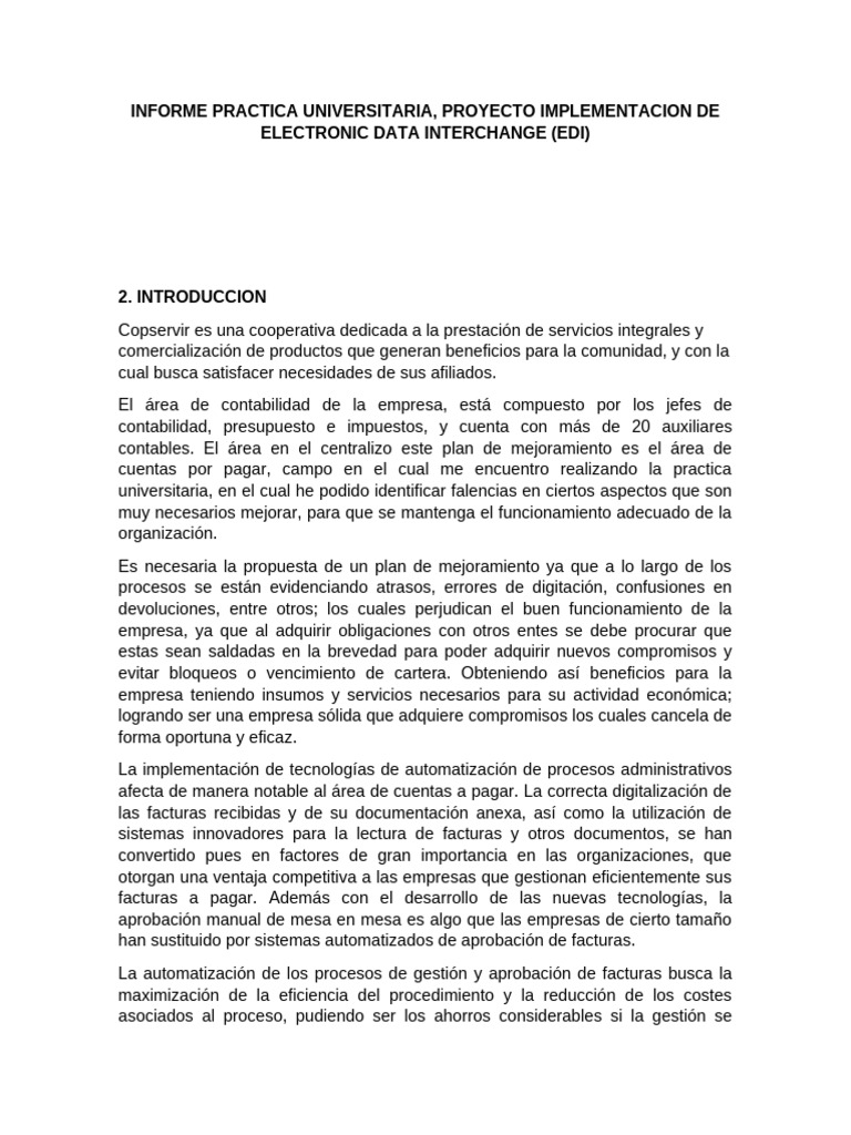 Informe Proyecto de Practica | PDF | Cuentas por pagar | Business