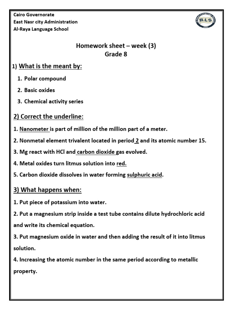 Grade 8 Chemistry Homework Sheet | PDF
