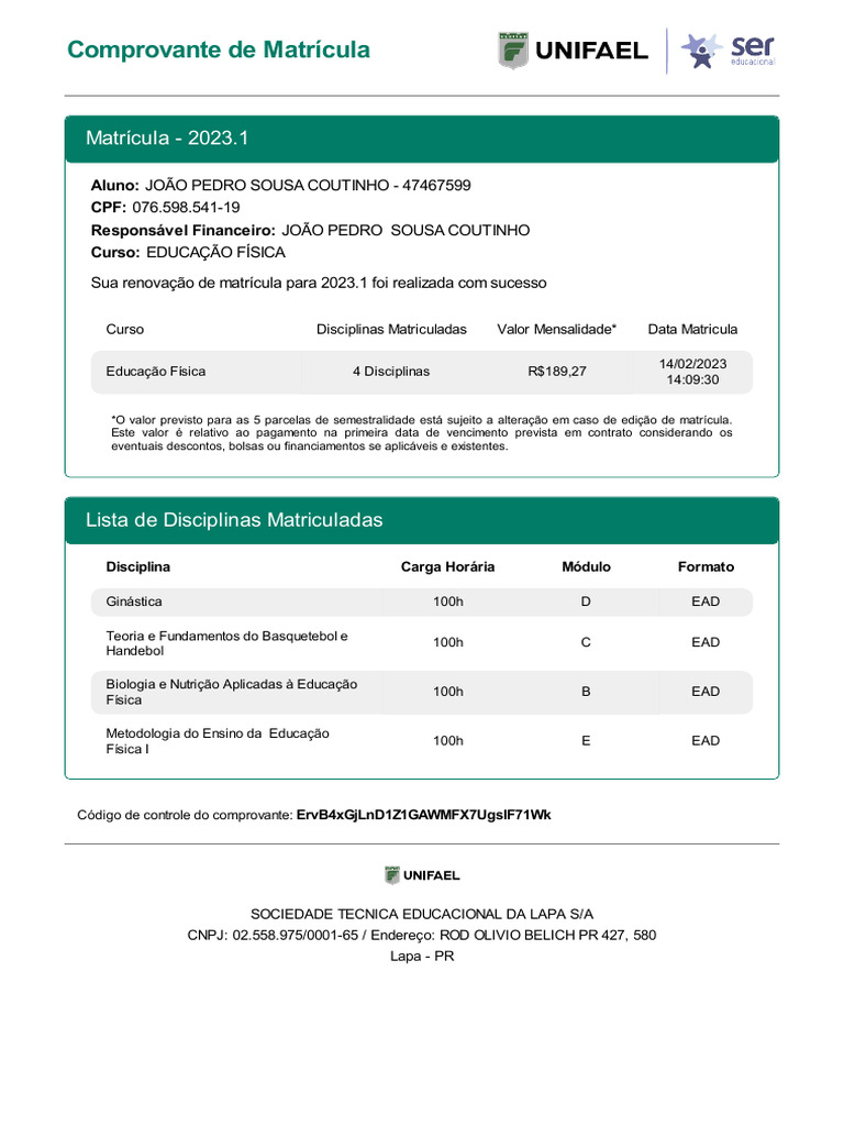 Comprovante Matricula | PDF