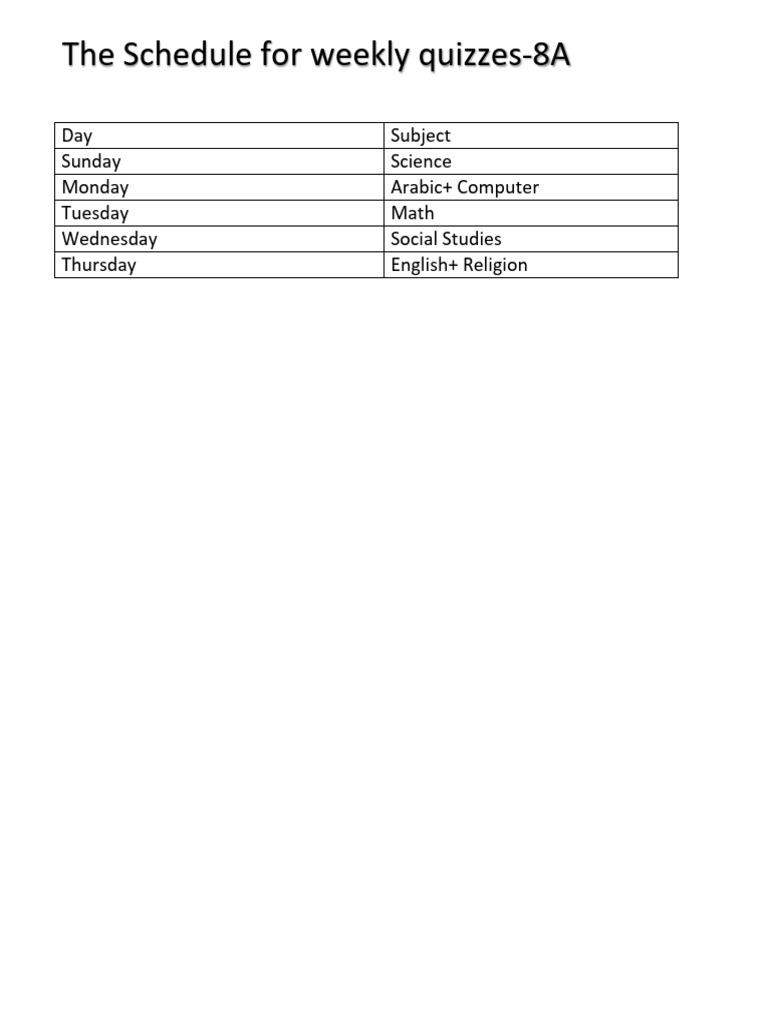 Schedule For Weekly Quizzes 8A | PDF