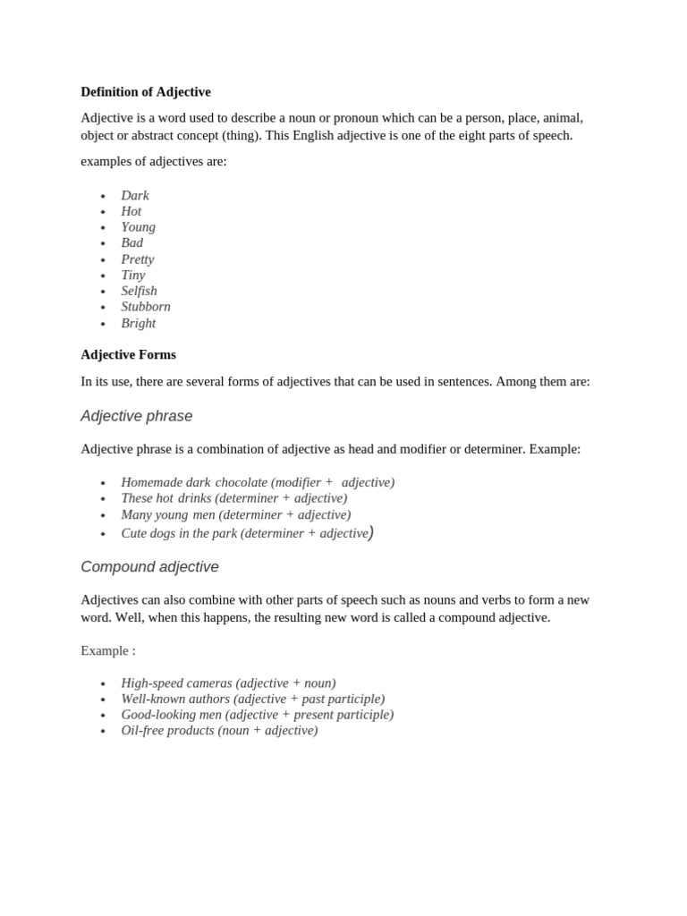 Definition of Adjective | PDF | Adjective | Part Of Speech