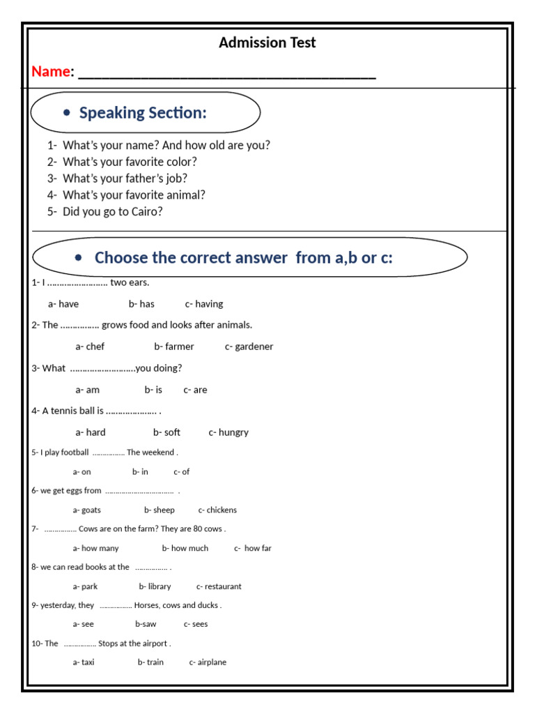 Admission Test for Young Learners | PDF