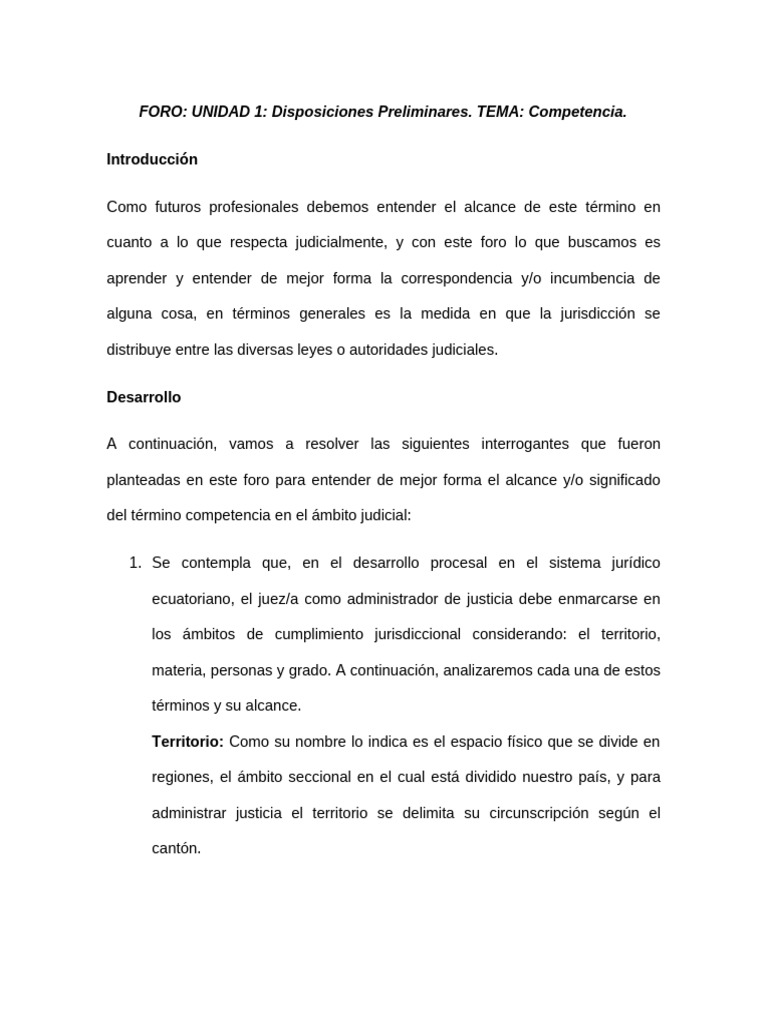 FORO UNIDAD 1 Disposiciones Preliminares. TEMA Competencia | PDF | Derecho
