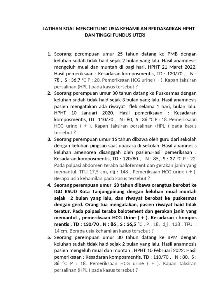 Latihan Soal Menghitung Usia Kehamilan Berdasarkan HPHT Dan Tinggi ...