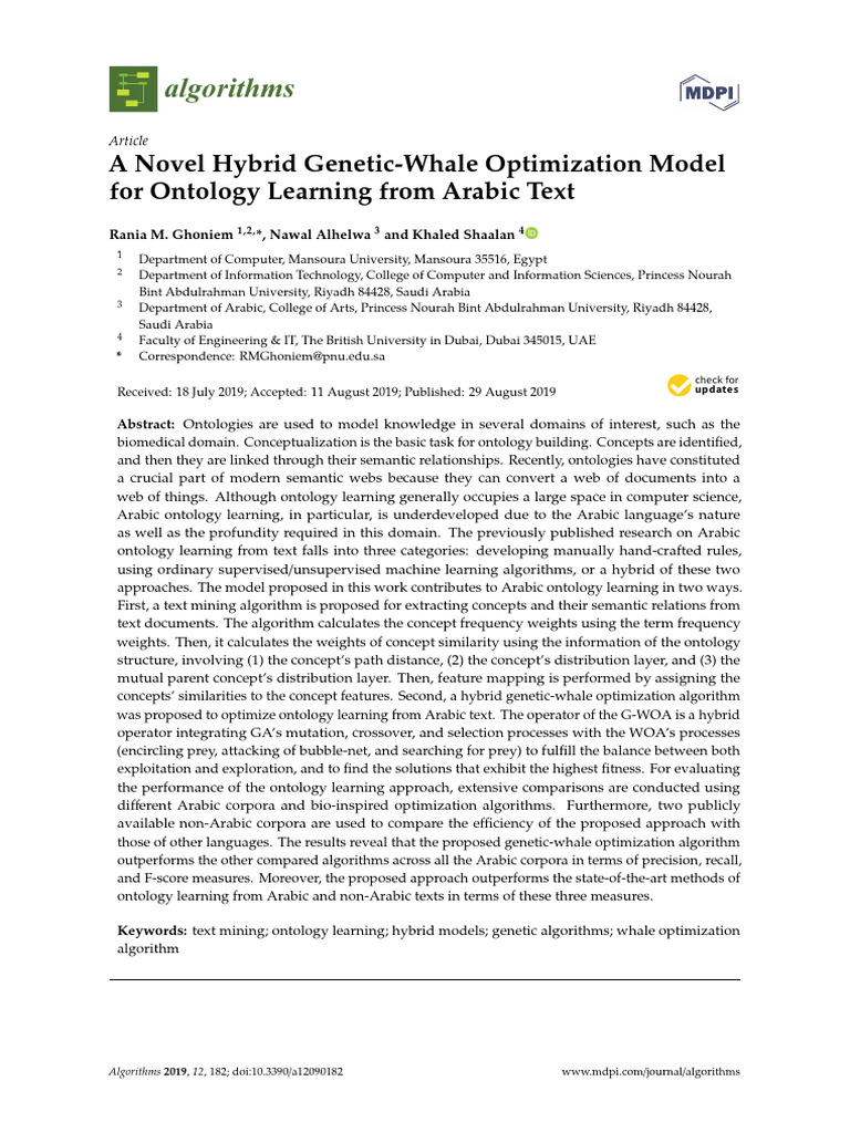 Algorithms: A Novel Hybrid Genetic-Whale Optimization Model For Ontology Learning From Arabic ...