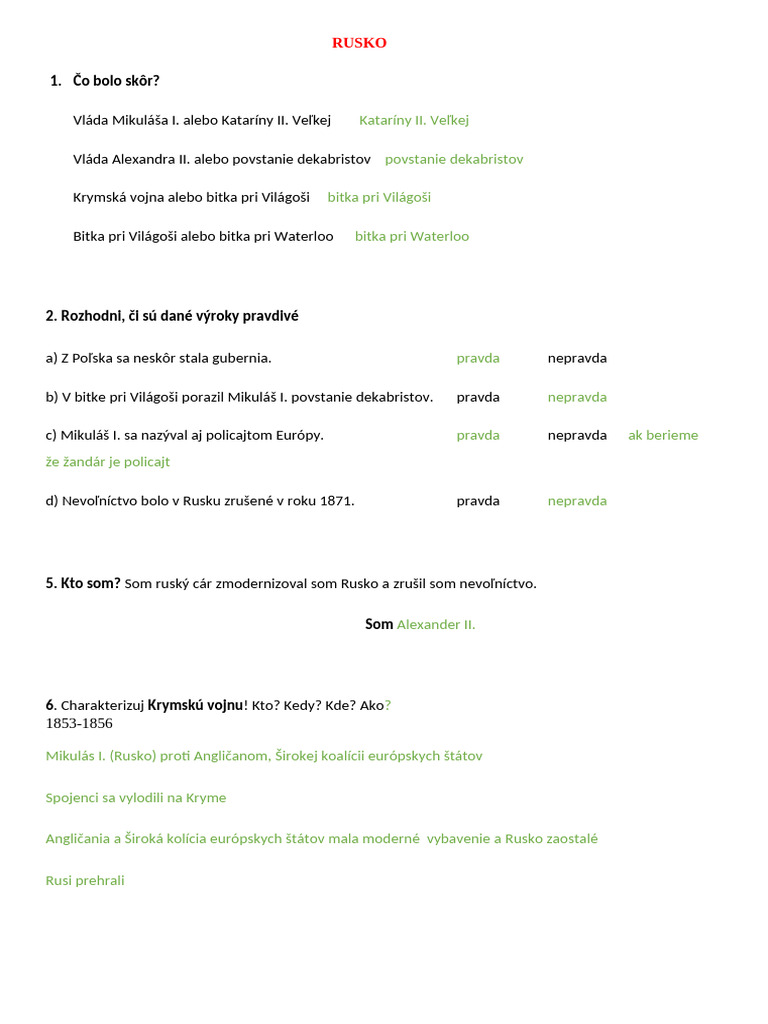 Cárske Rusko Pracovný List | PDF