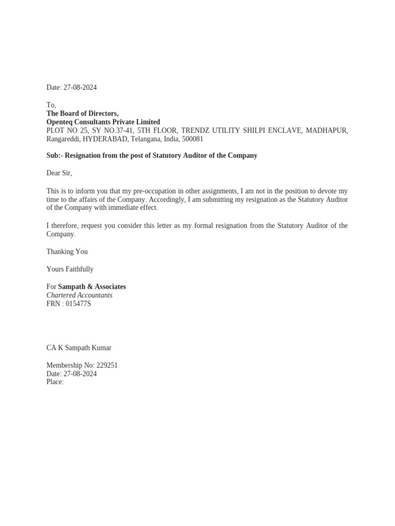 Resignation Letter of Statutory Auditor | PDF