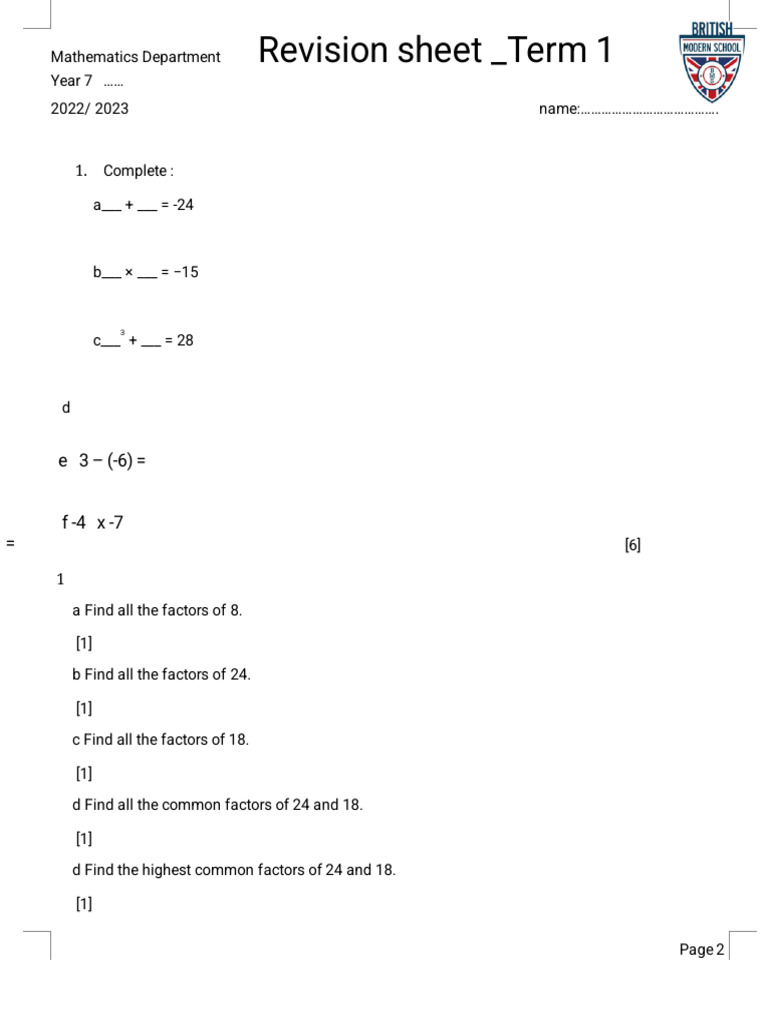 Revision Sheet - T1 - Y7 | PDF