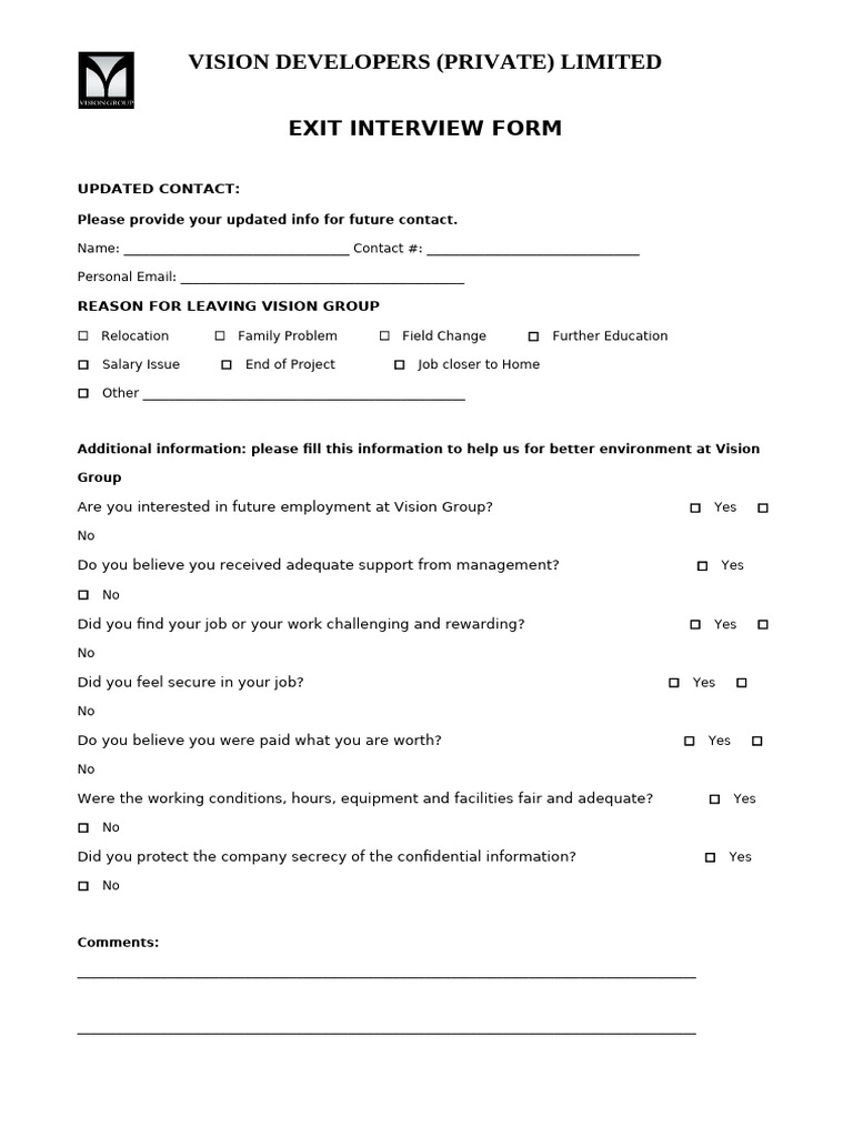 Vision Developers Exit Interview Form | PDF