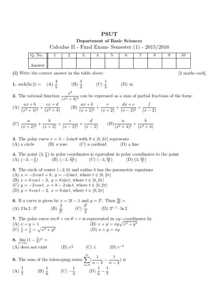 Calculus II Sem 1 1516 Final Exam | PDF | Geometry | Mathematical Analysis