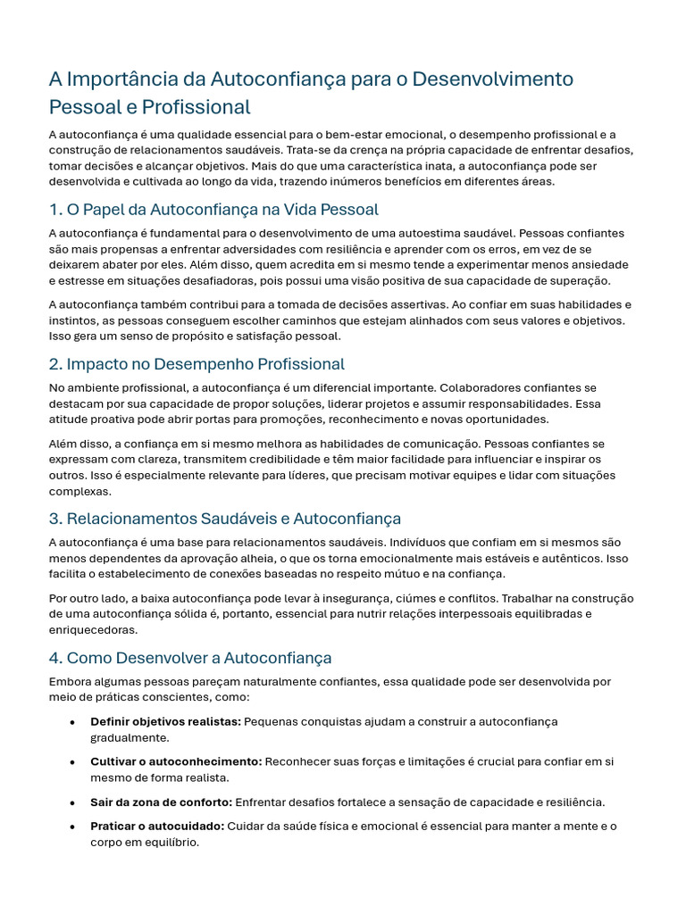 Autoconfiança: Chave para Sucesso Pessoal | PDF | Psicologia ...
