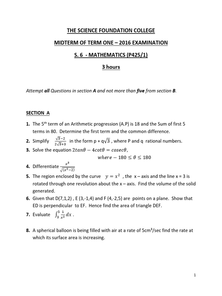 ALEVEL Math Pepr 1 Set 11 | PDF | Equations | Area